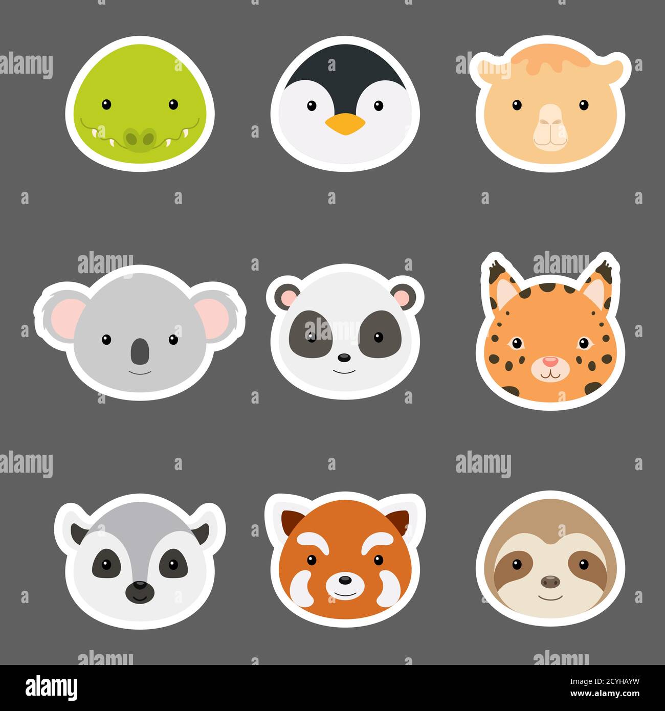 Set of cute funny animal heads stickers. Wild cartoon animal characters ...