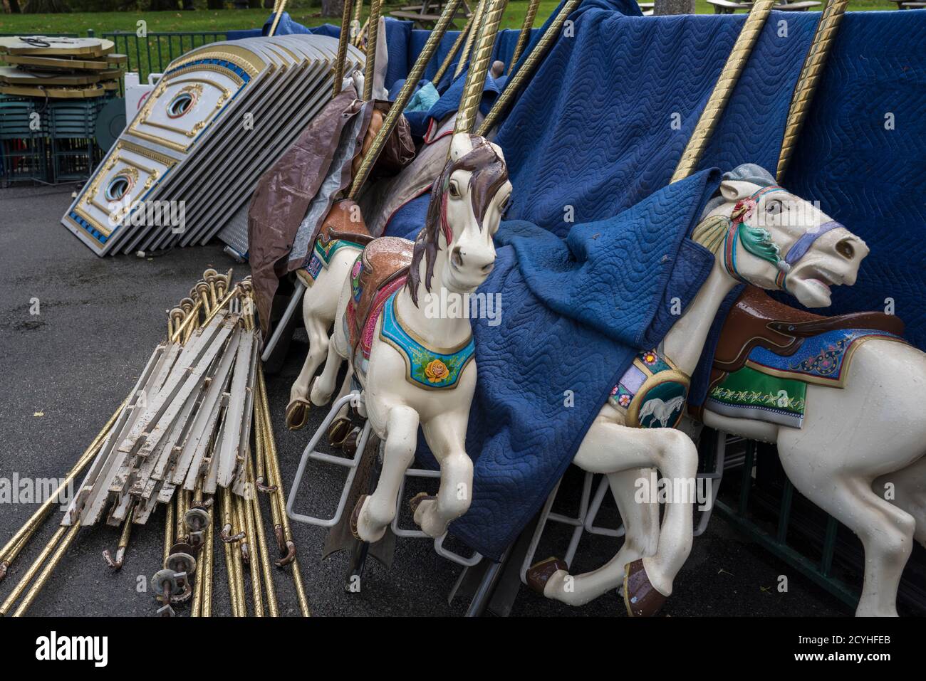 Boston, Massachusetts - October 25, 2018 - Merry go round horses stored ...