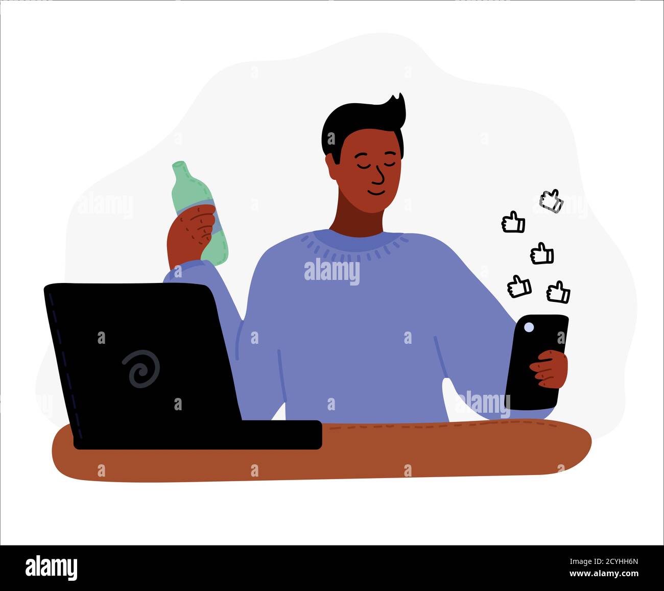 black african man sits with laptop and smartphone. Blogging, remote ...