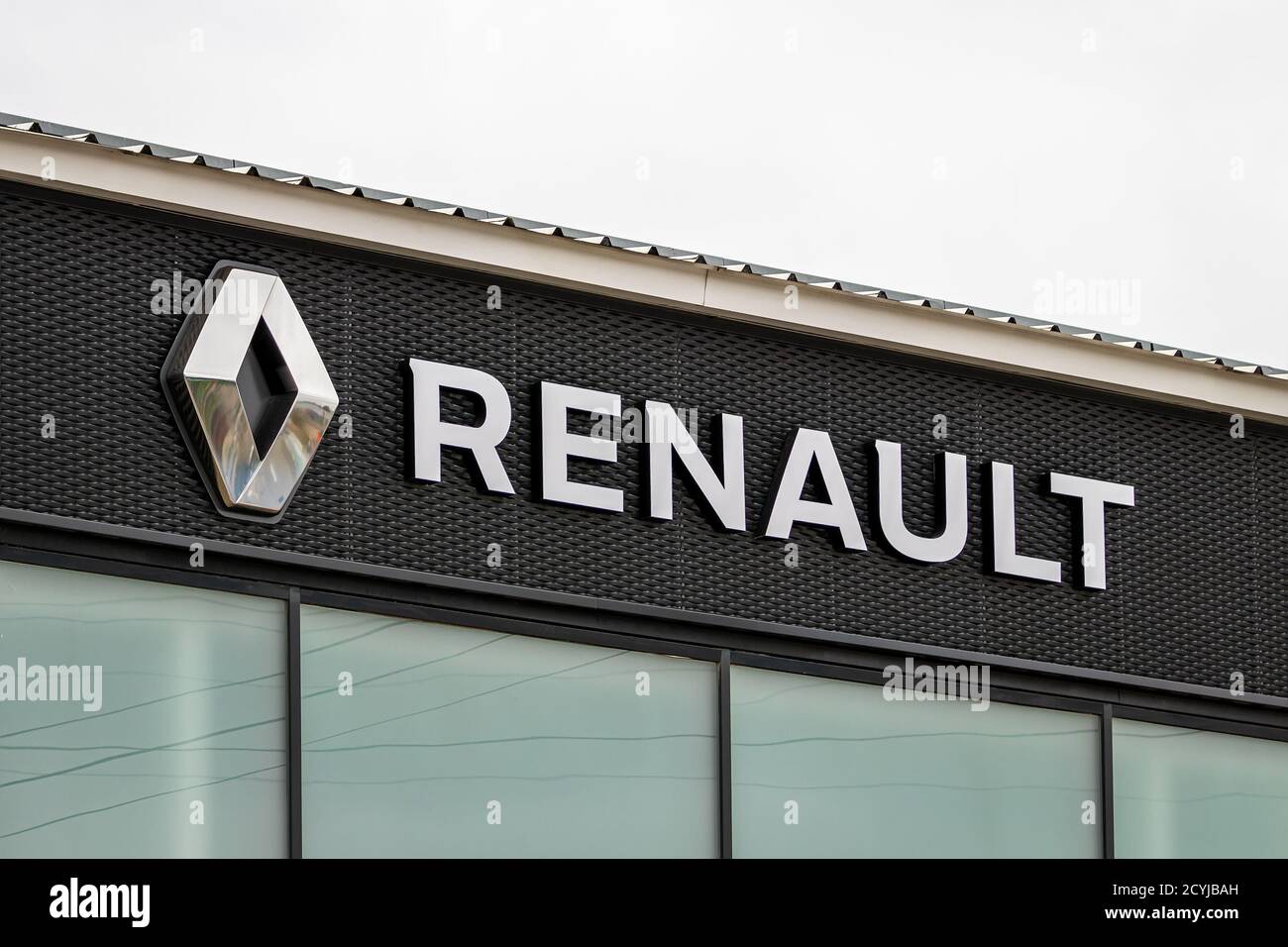 Russia, Kaluga - SEPTEMBER 29, 2020: Metallic Renault logo on a roof of ...