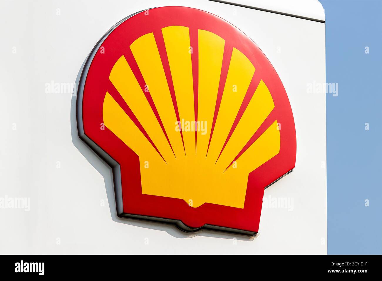 Russia, Kaluga - SEPTEMBER 29, 2020: The red and yellow shell oil ...