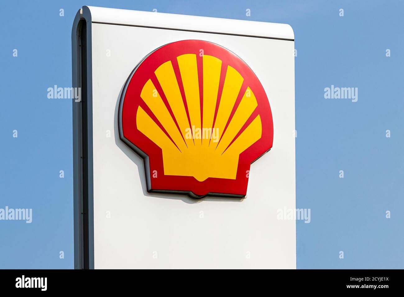 Russia, Kaluga - SEPTEMBER 29, 2020: The red and yellow shell oil ...