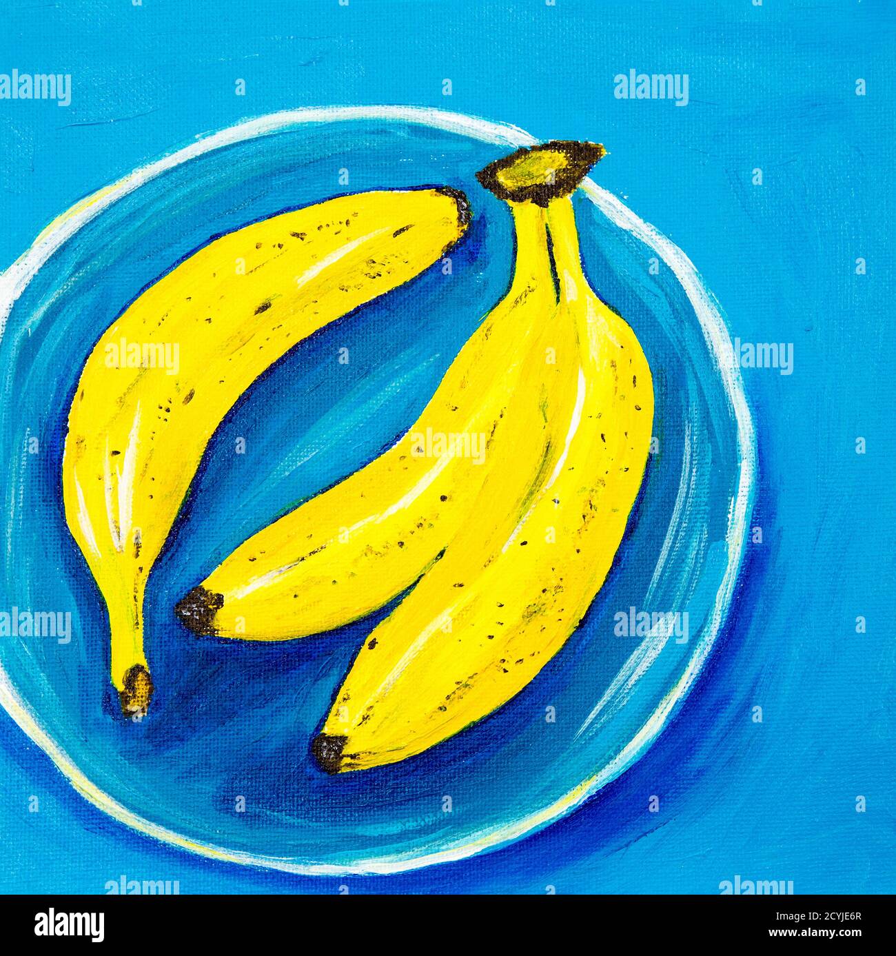 Original acrylic painting of bananas in blue plate on canvas.Modern ...