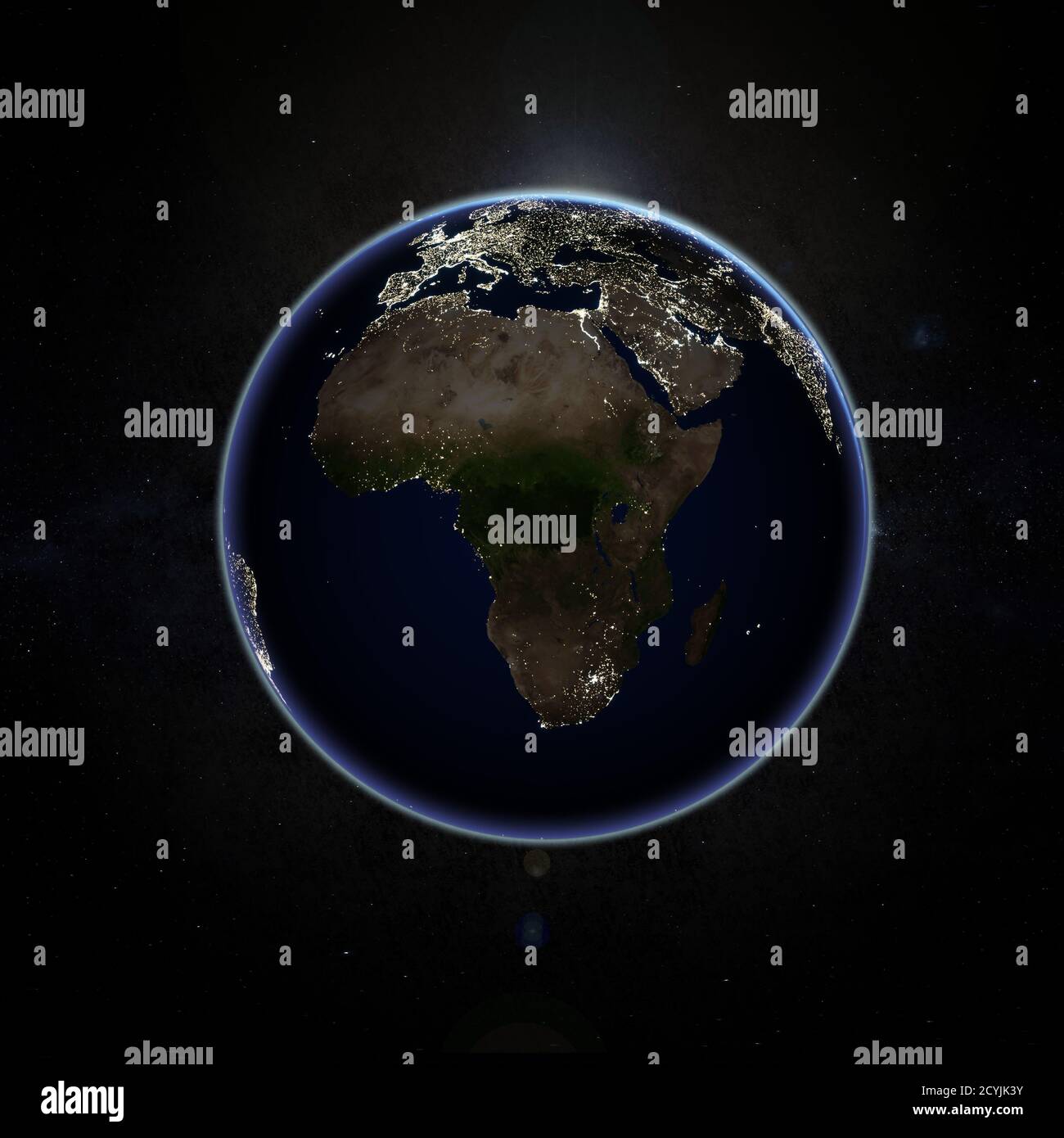 3D render of Planet Earth with glowing city lights at night against ...