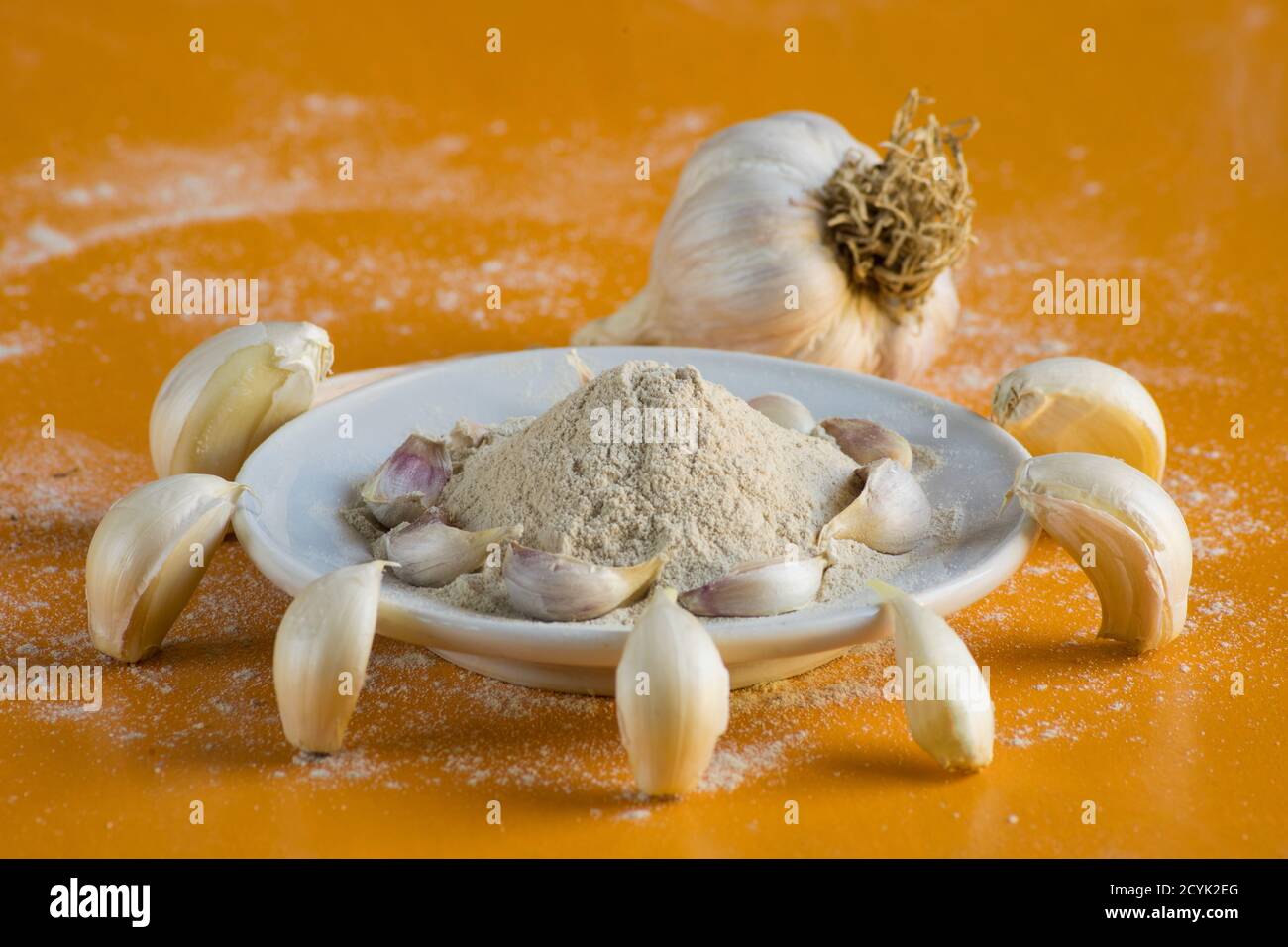 Pile of powder garlic in white Plate and garlic head on orange ...