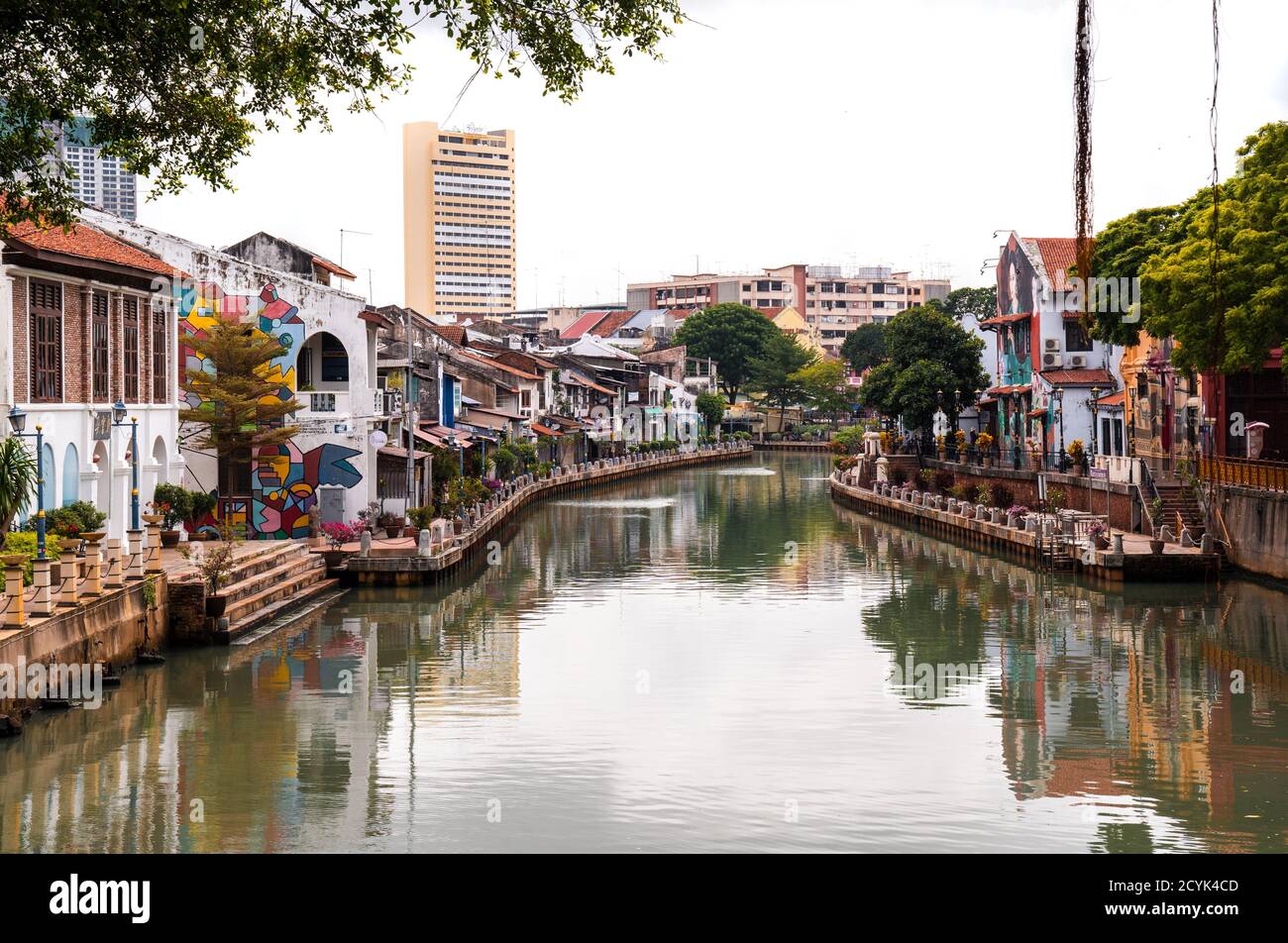 Buildings along the Melaka river. Malacca, UNESCO Historic city centre ...