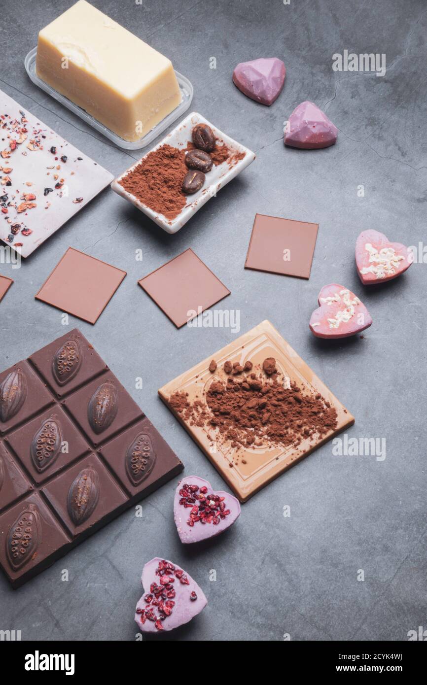 assorted colorful chocolate bar. Sweets dessert of various black milk ...