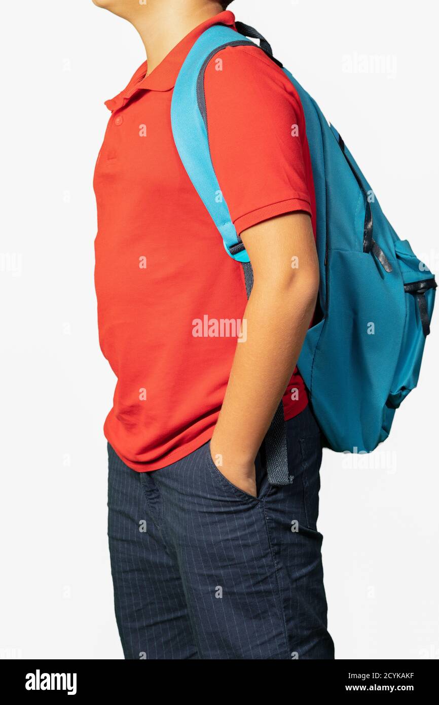 kid boy wearing backpack standing over isolated white background Stock ...