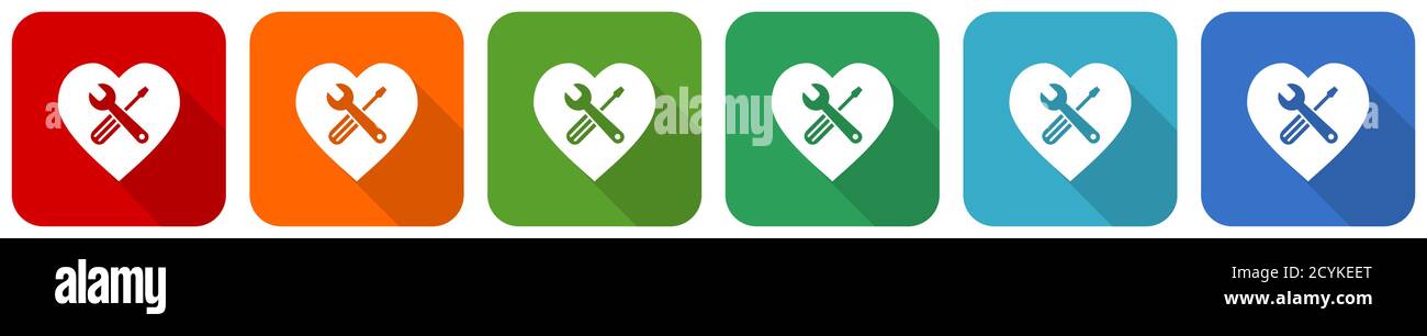 Tools in heart shape icon set, flat design vector illustration in 6 ...