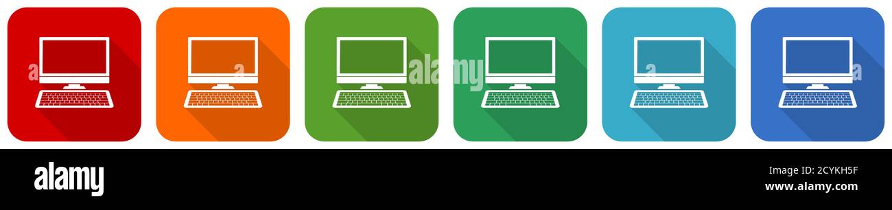 Computer, desktop icon set, flat design vector illustration in 6 colors ...