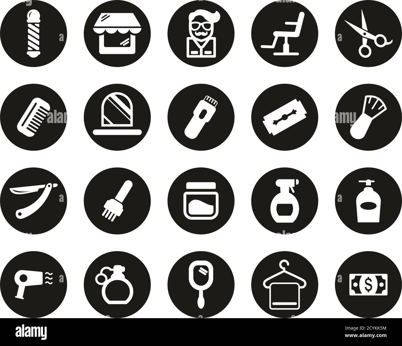 Barber Or Barber Shop Icons White On Black Flat Design Circle Set Big ...