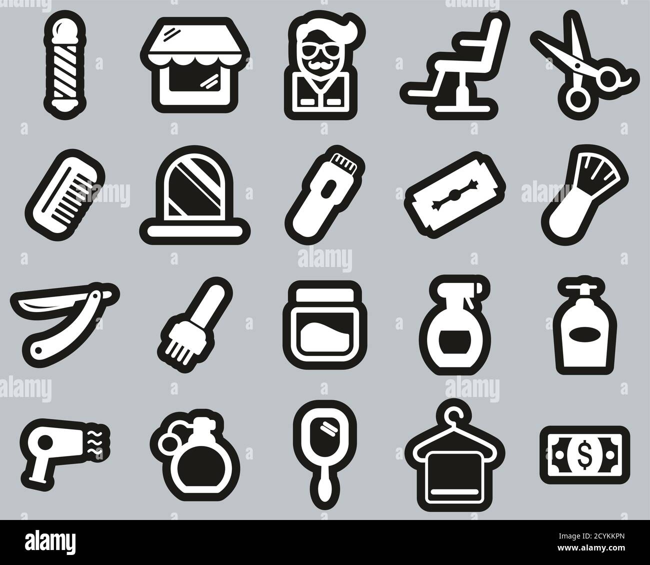 Barber Or Barber Shop Icons White On Black Sticker Set Big Stock Vector ...