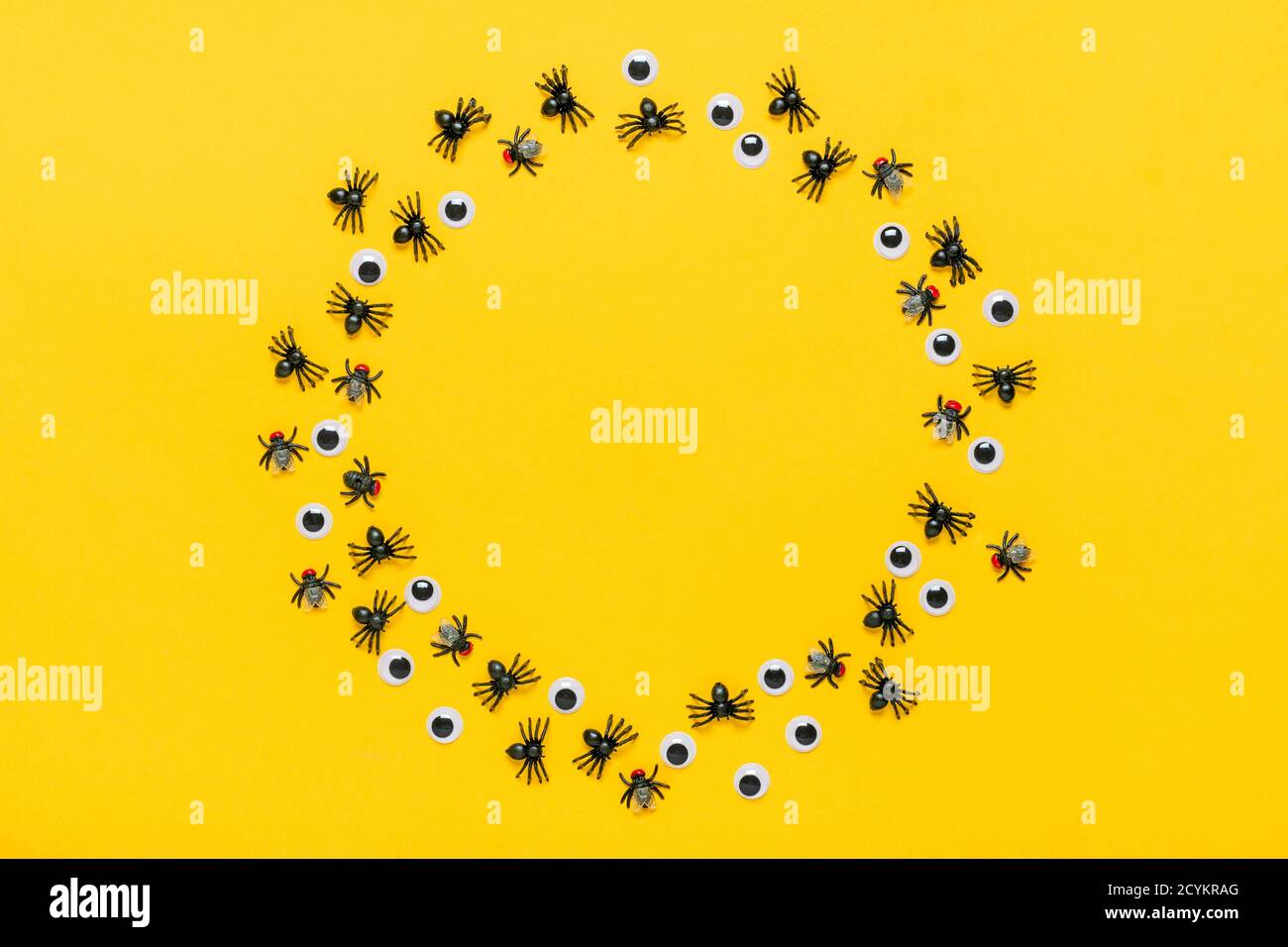 Round frame of black spiders and flies, googly eyes on yellow ...