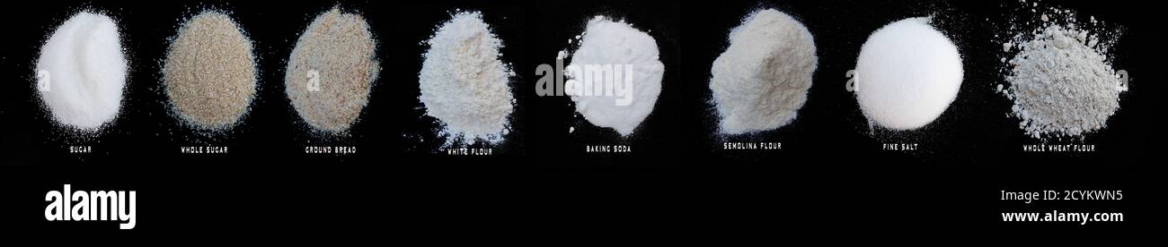 Close up of powdered food isolated on black background Stock Photo - Alamy