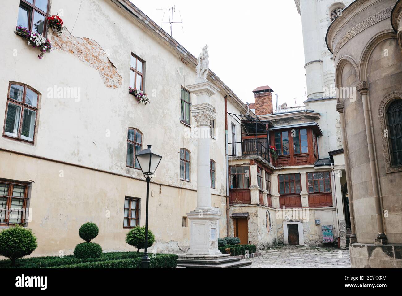 old architecture tower building medieval city street of Lviv Ukraine ...