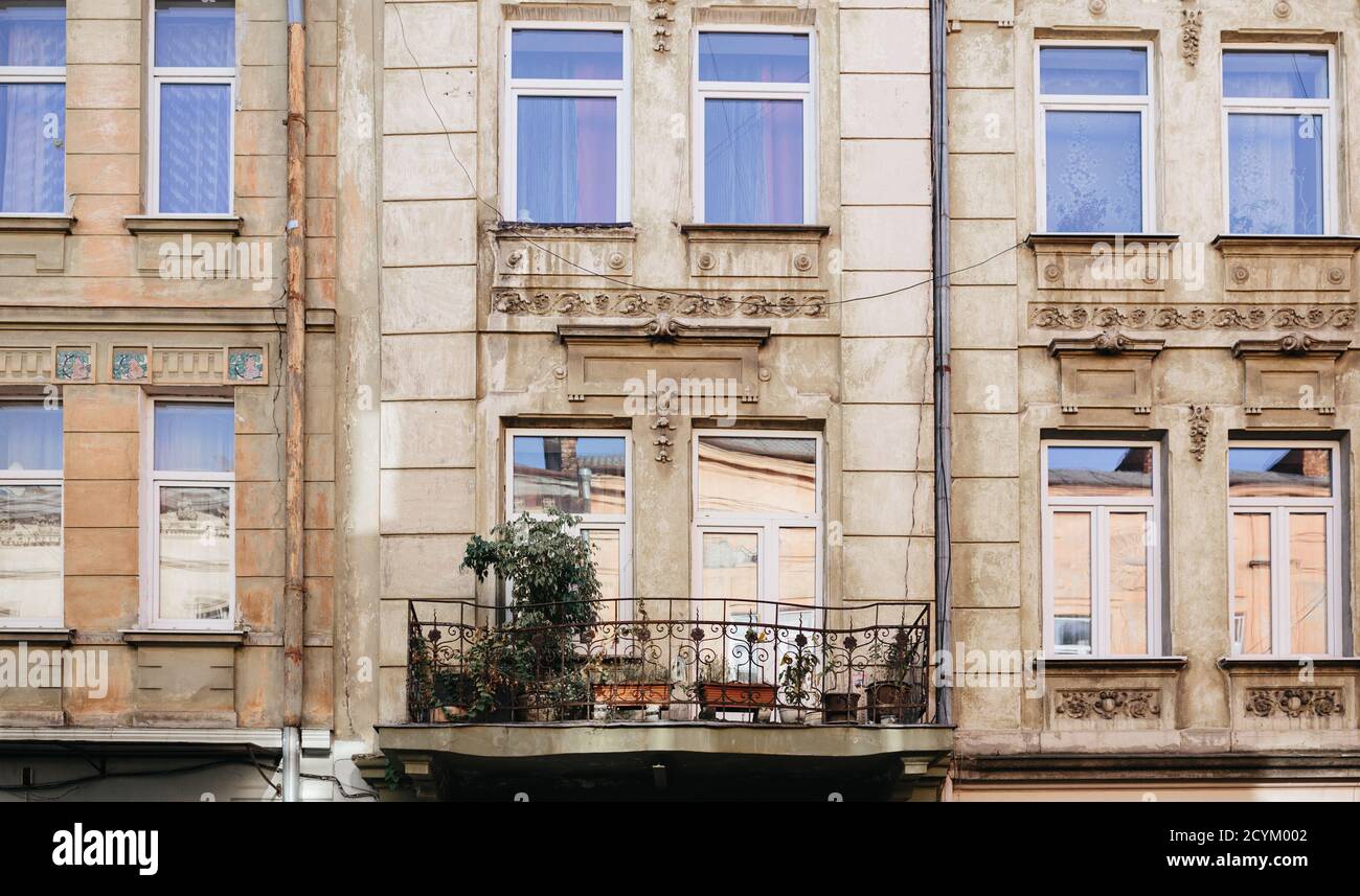 Balcony old architecture tower building medieval city street of Lviv ...