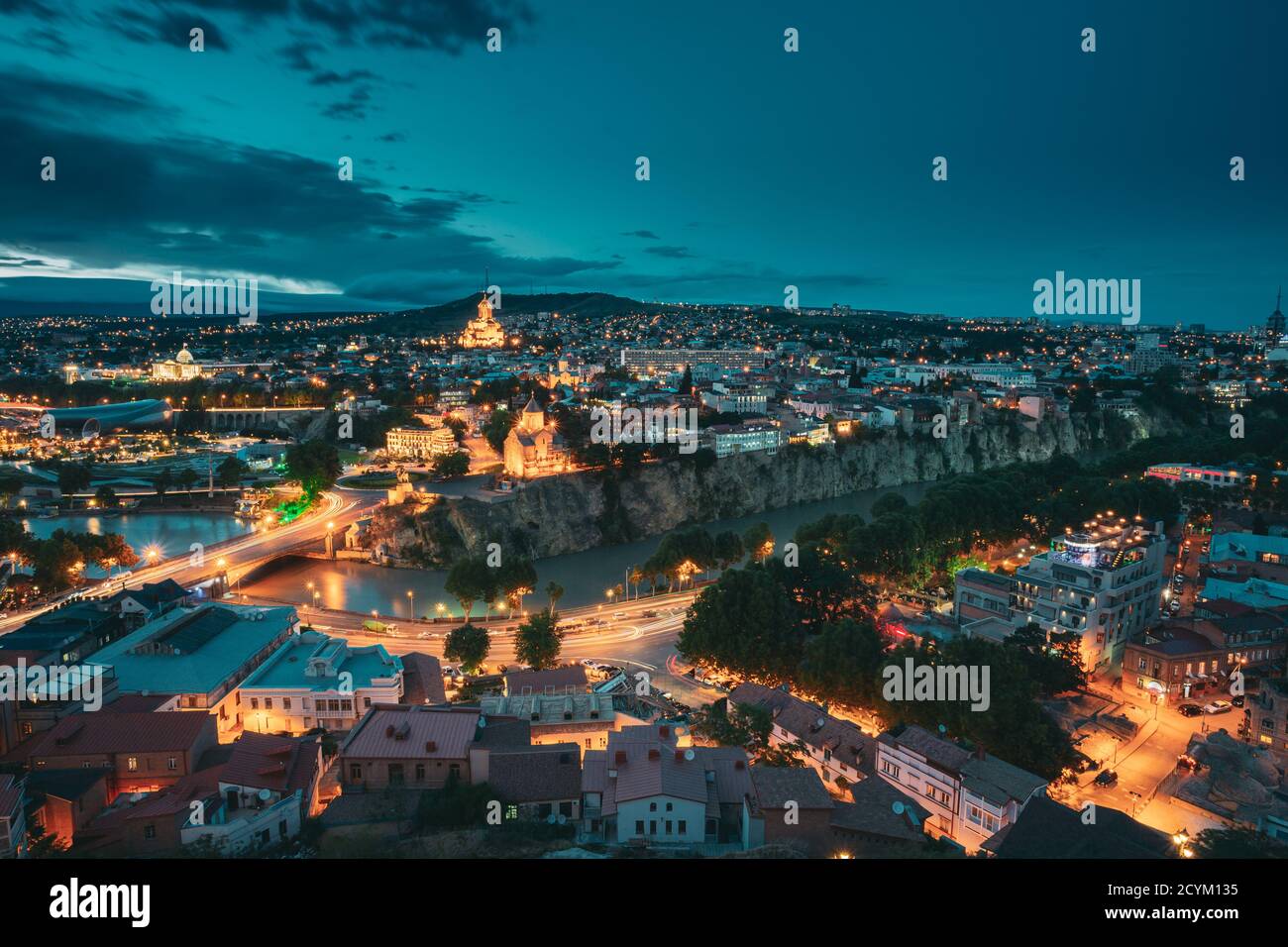 Tbilisi, Georgia. Evening Night View Of Georgian Capital Skyline ...
