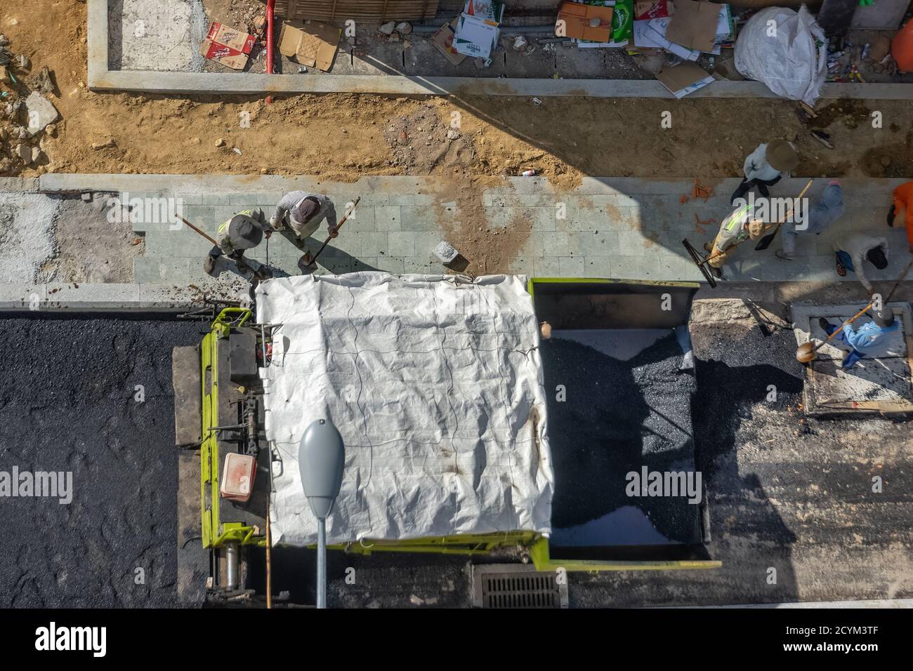 People working together on road construction. Top view. Vietnam, Nha ...