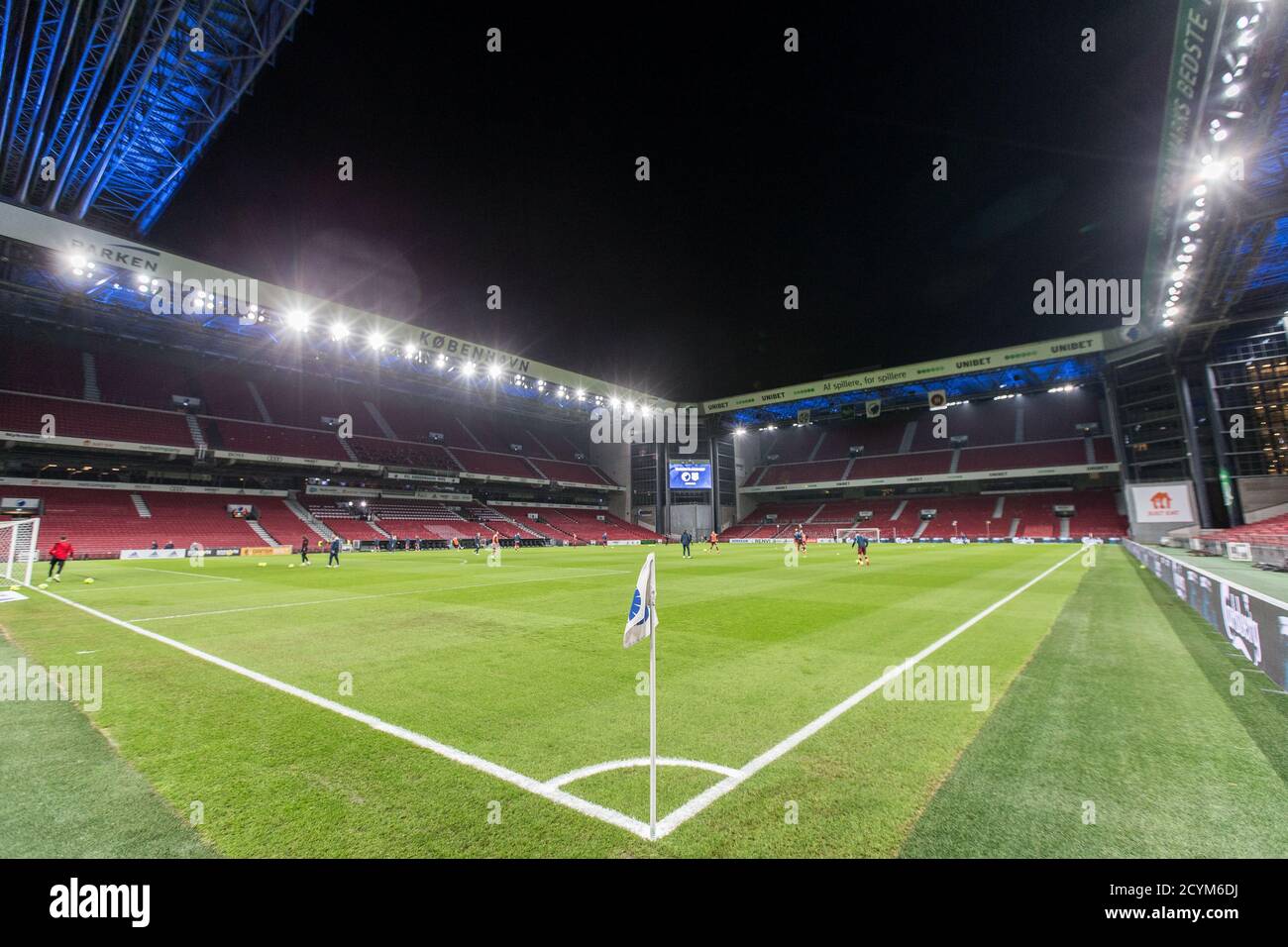 Copenhagen, Denmark. 1st Oct, 2020. The pitch of Parken Stadium seen ...