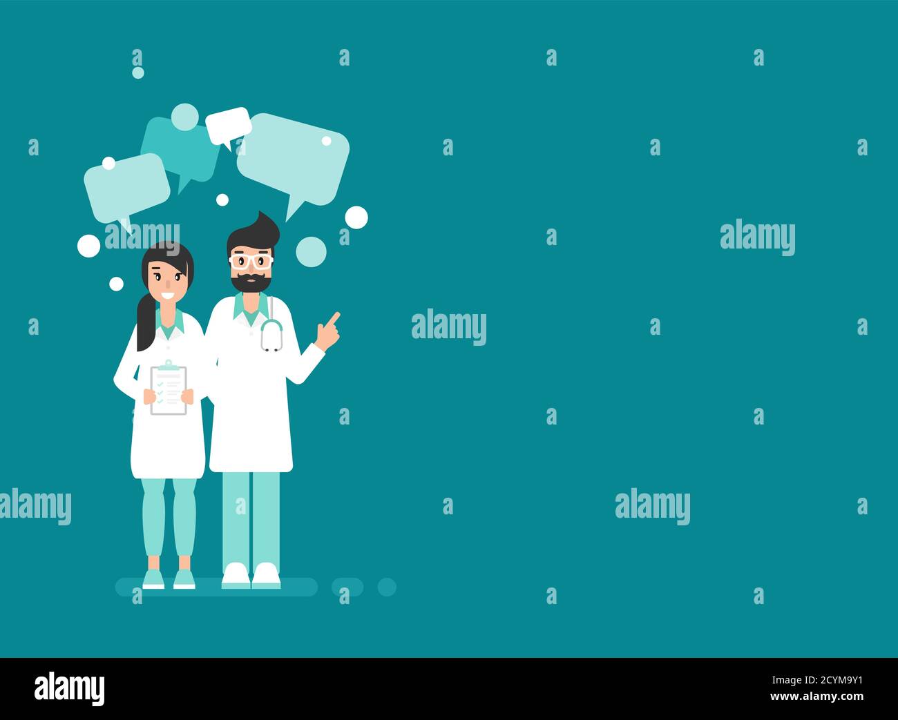 Doctors with speech chat bubbles on blue background. Medical internet ...