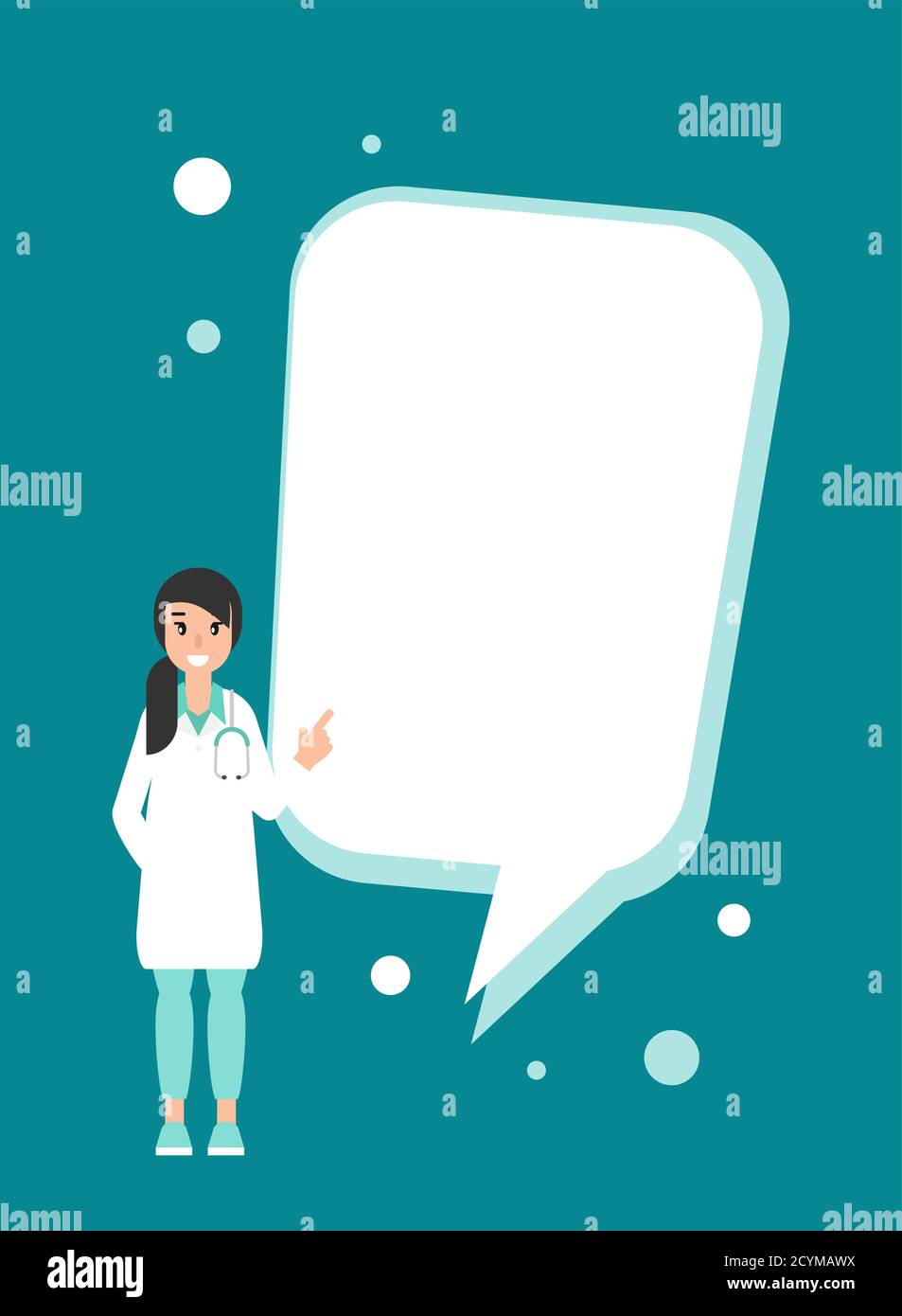 Woman doctor with big speech bubble on blue background. Medical ...