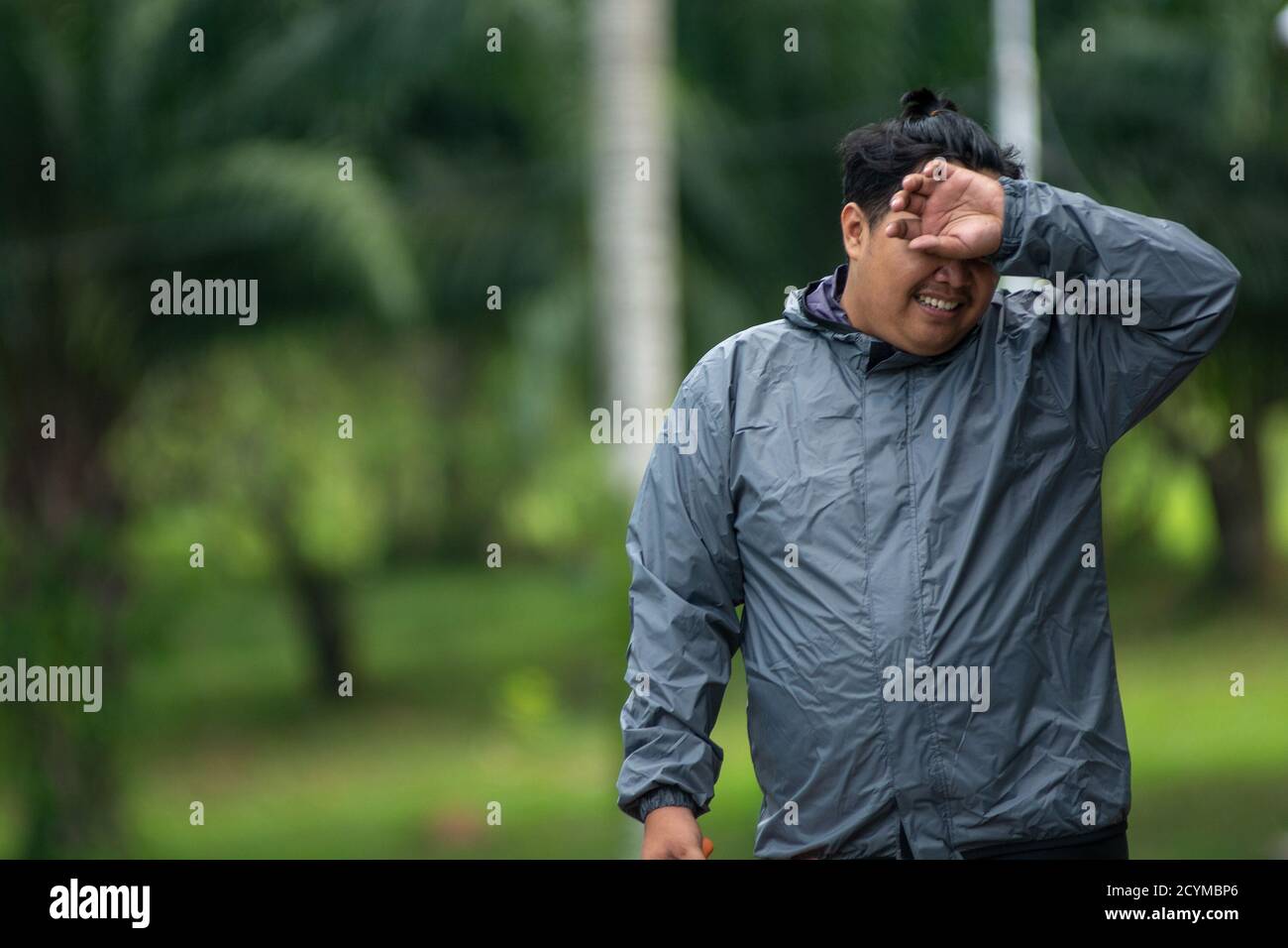 fat obese man swap his sweat when training, overweight guy training ...