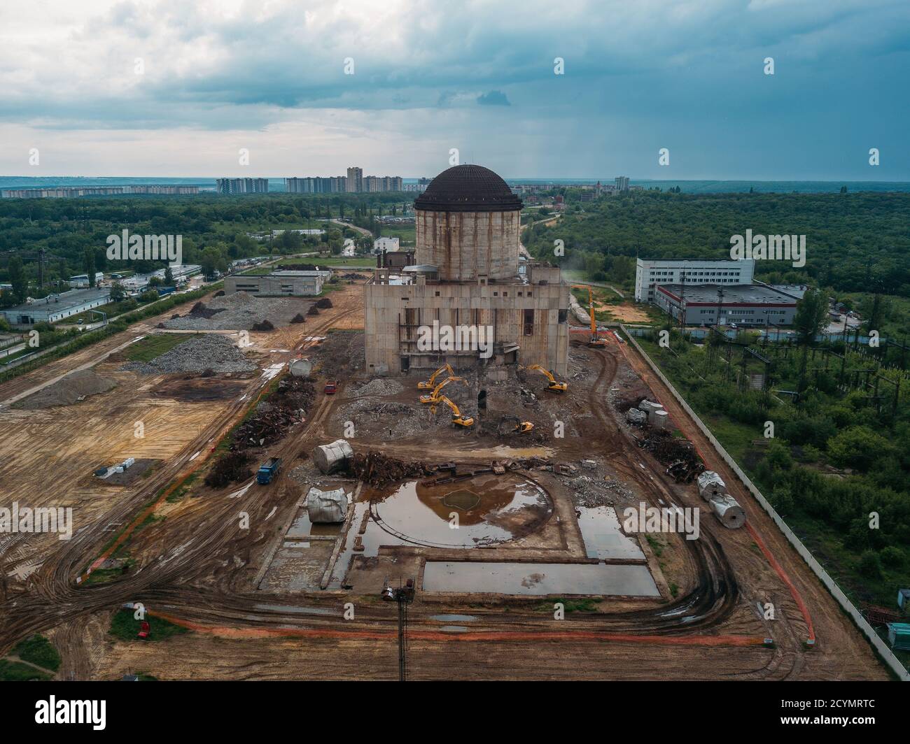 Aerial view of demolition site. Process of demolition of old industrial ...