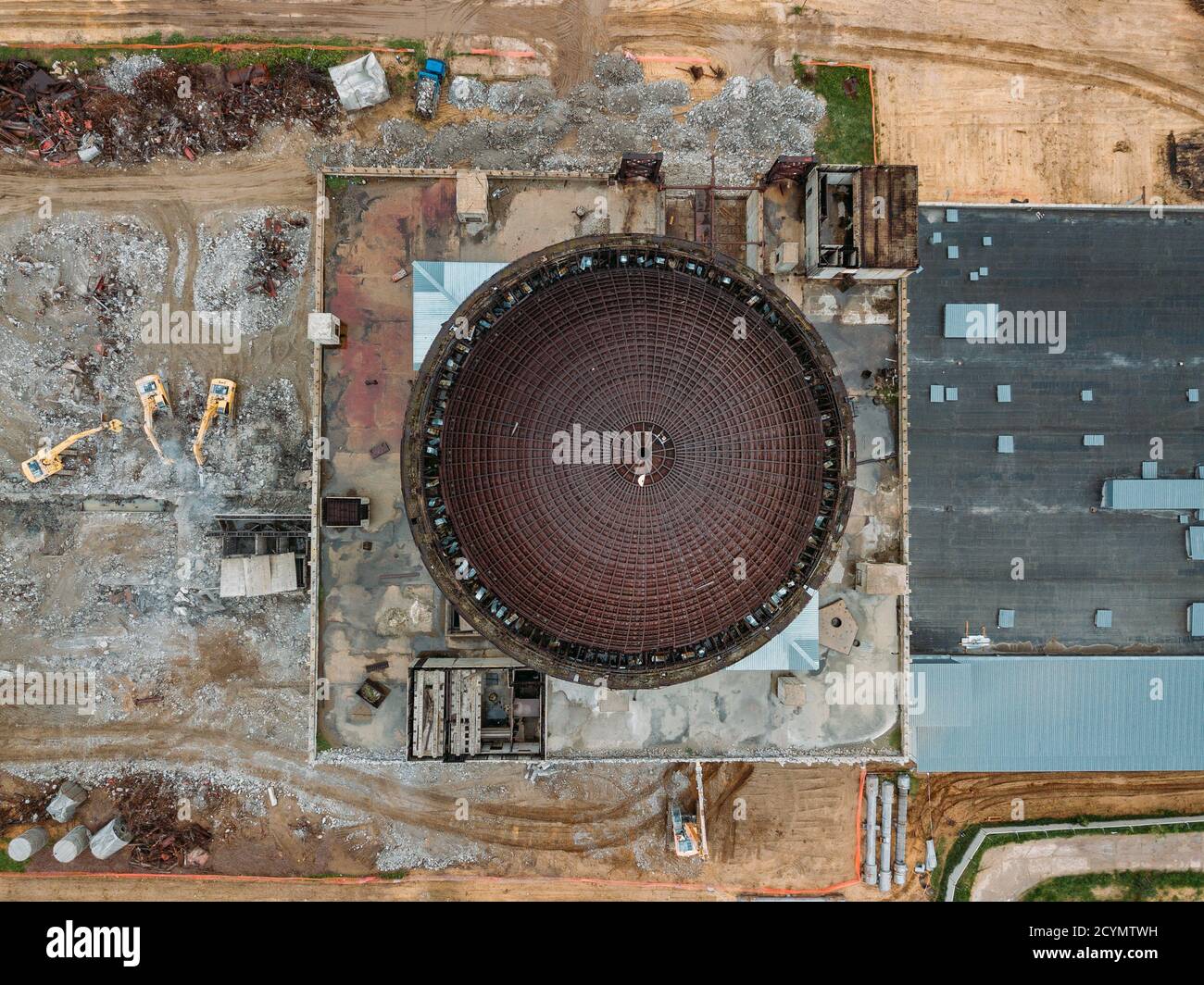 Aerial view of demolition site. Process of demolition of old industrial ...