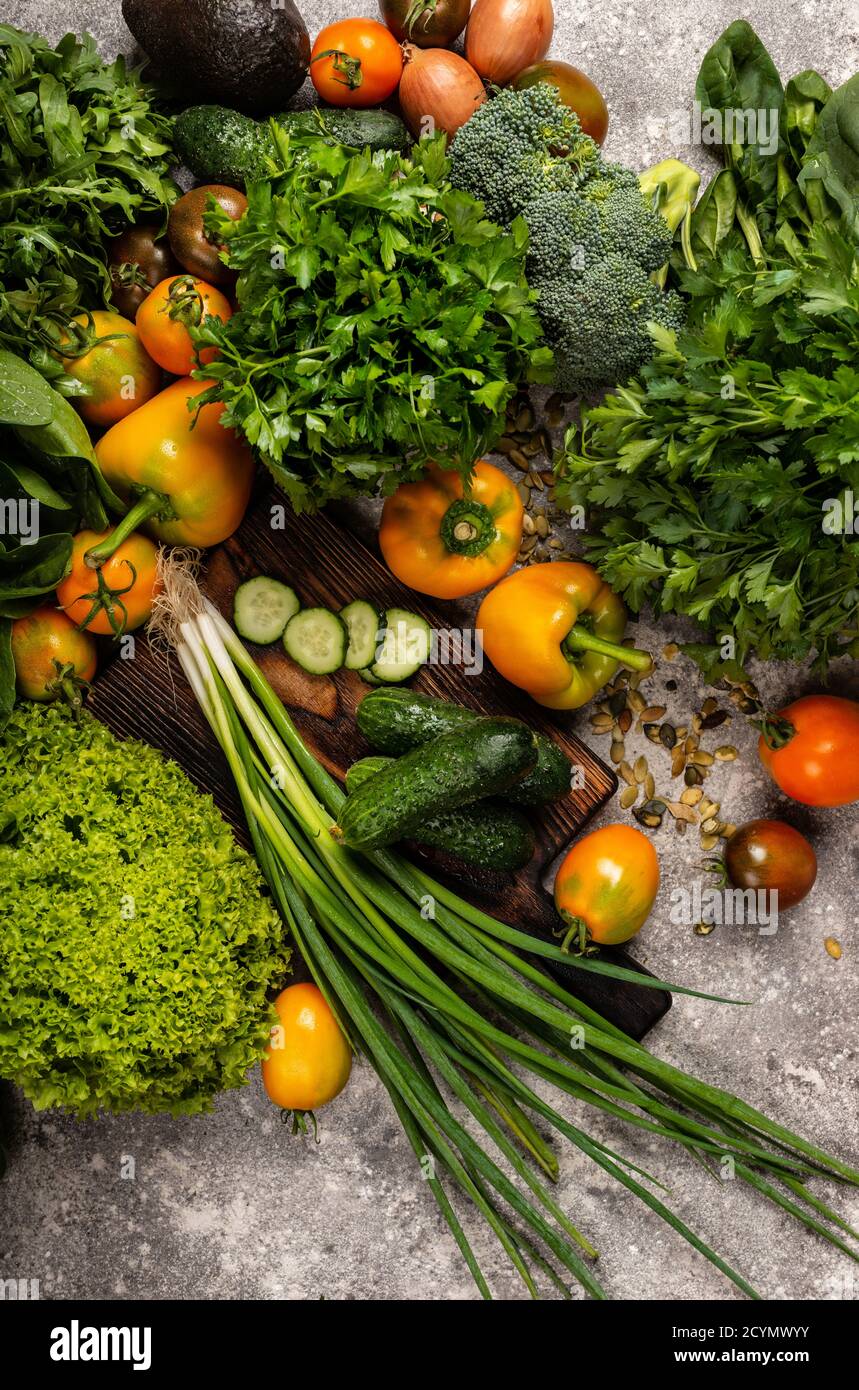 Vegan menu concept. Fresh vegetables and greens for cooking healthy ...