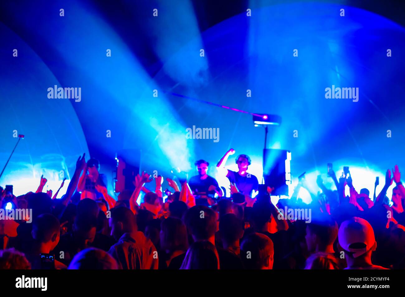 Crowd and DJs dancing during party Stock Photo - Alamy