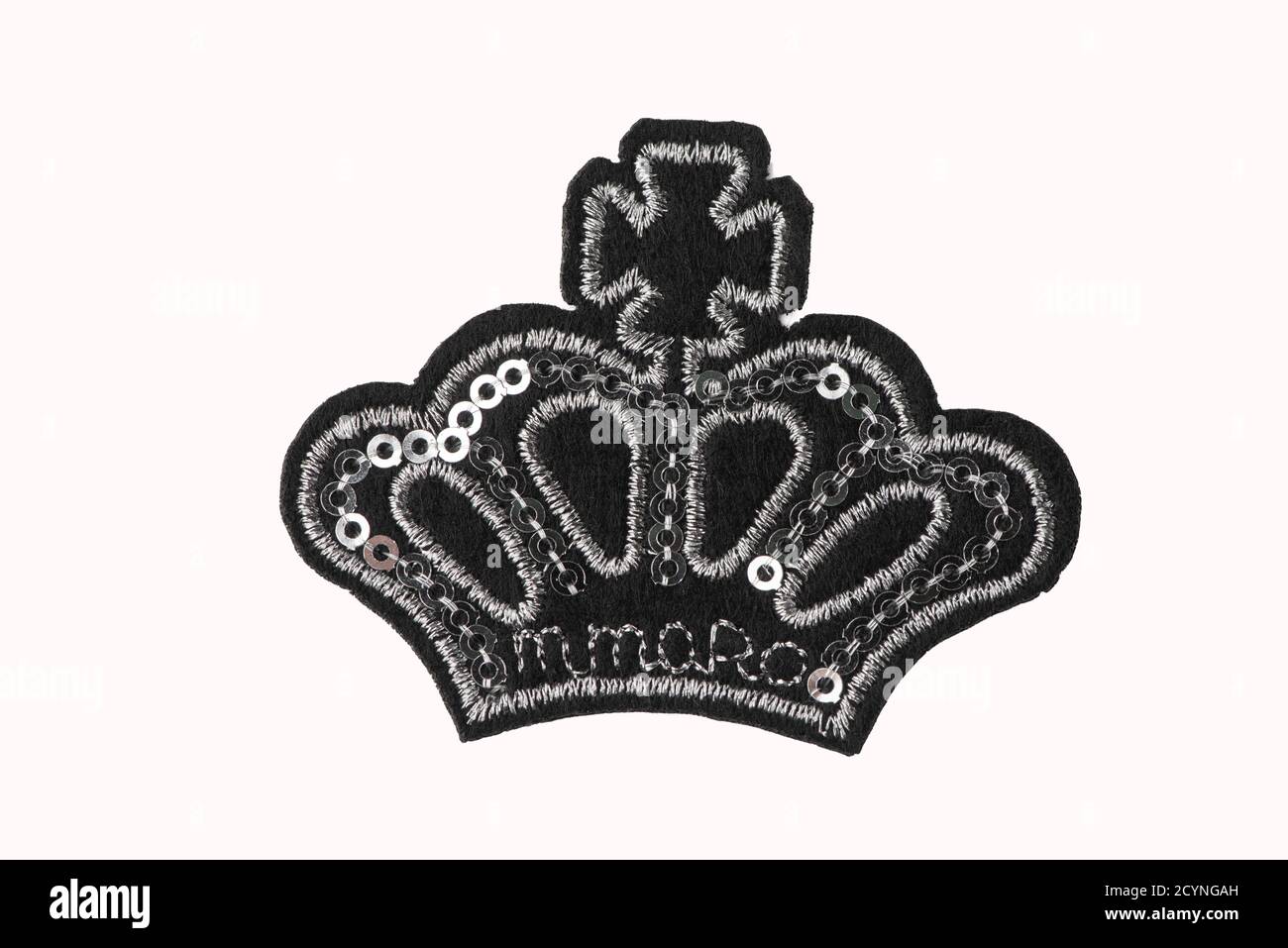 Black crown embroidered patch with silver sequins isolated on white ...