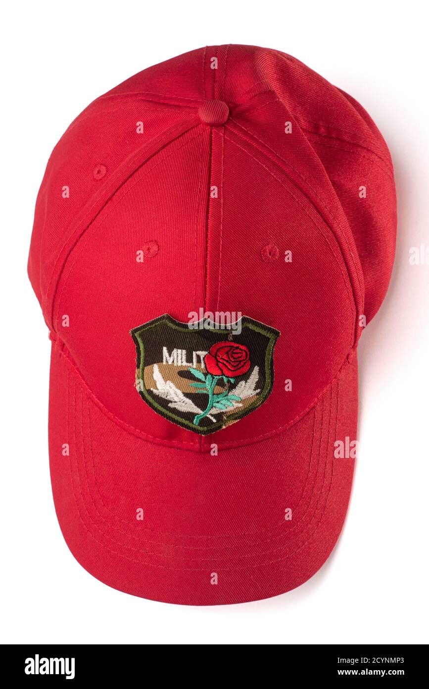 Red cap with military rose embroidered patch on white background Stock ...