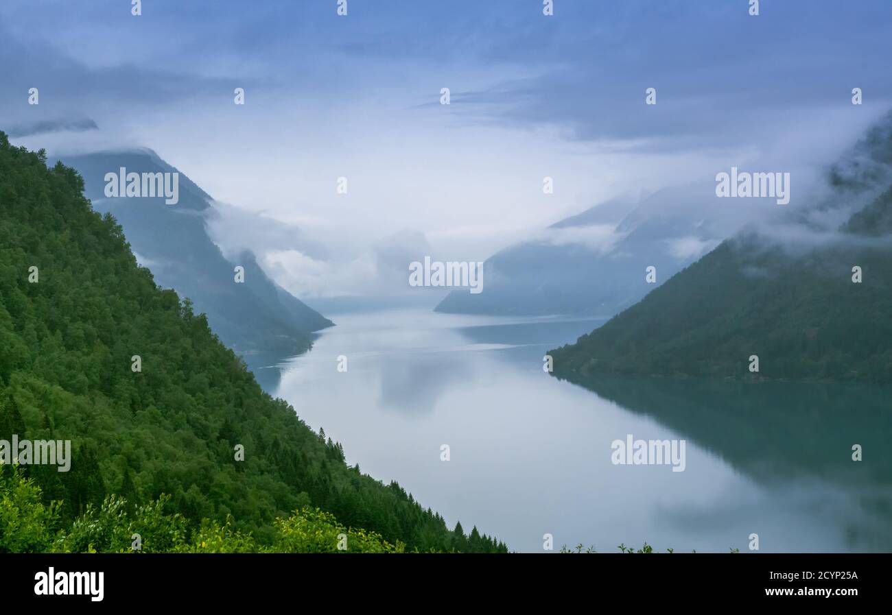 Aerial view of a beautiful Norwegian fjord, the Sognefjord,vertical ...