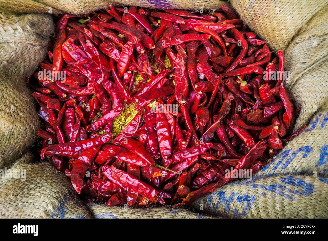 Sack of de-seeded dried red chillis at a stall near the city's central ...
