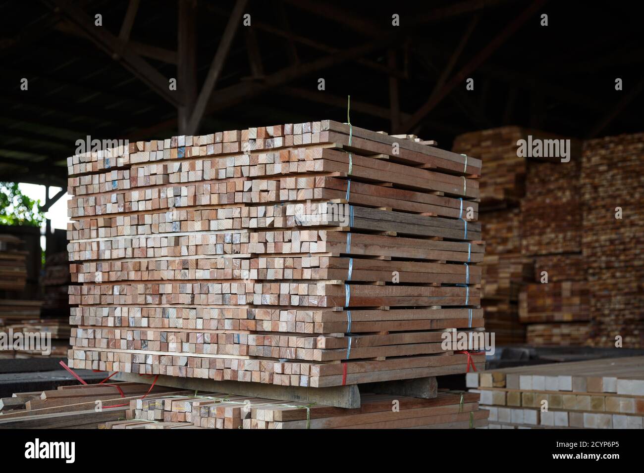 Stacks of sawn and formatted timber, ready for shipping, in a sawmill ...