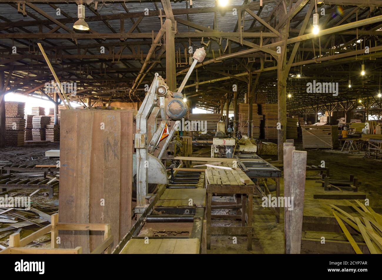 Interior view of a traditional sawmill at Seguntor Industrial Area in ...