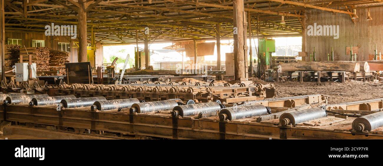 Interior view of a traditional sawmill at Seguntor Industrial Area with ...