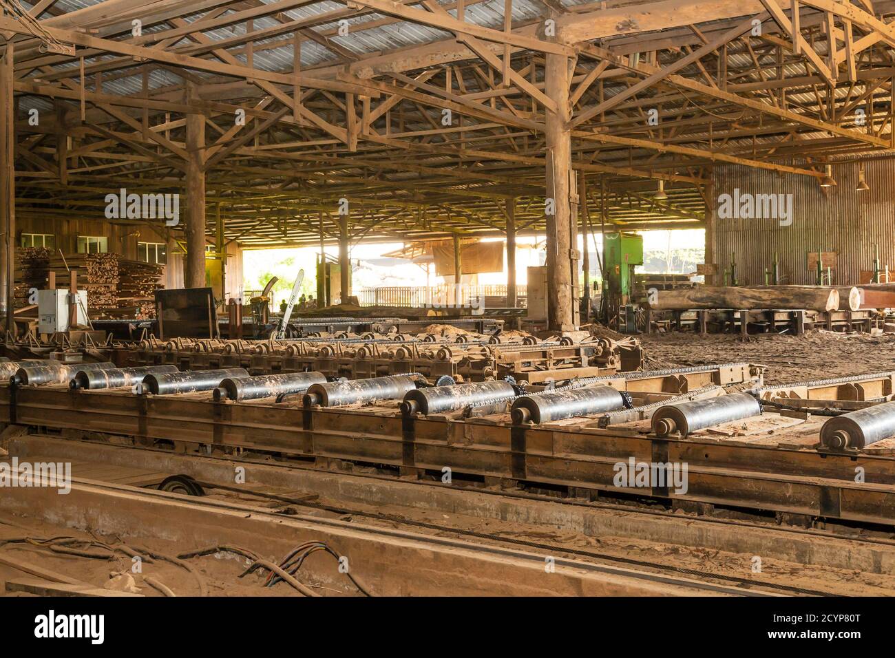Interior view of a traditional sawmill at Seguntor Industrial Area with ...