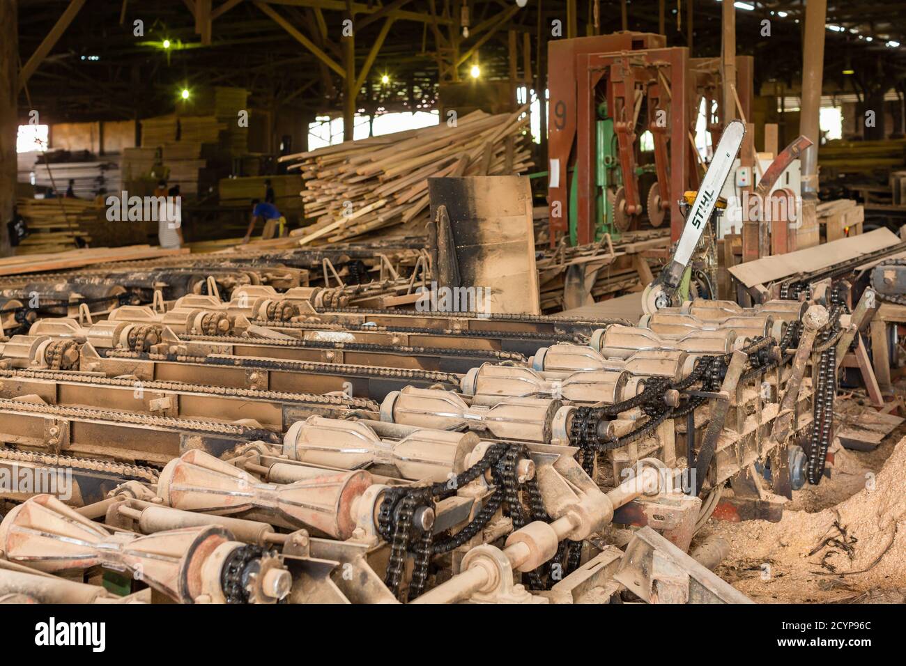 Interior view of a traditional sawmill at Seguntor Industrial Area with ...