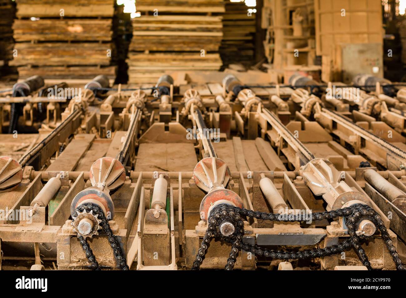 Interior view of a traditional sawmill at Seguntor Industrial Area with ...