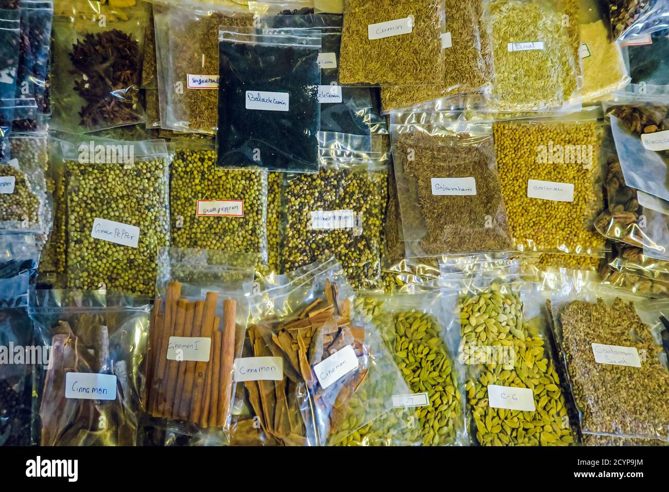 Variety of typical spices in bags for tourists at a market in this ...