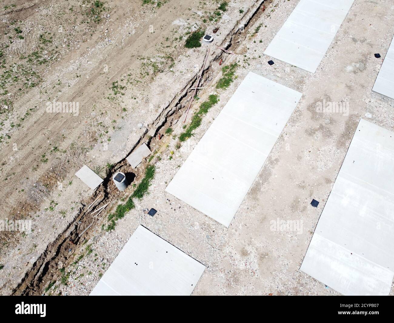 view from above of concrete base and ground work for caravan home under ...