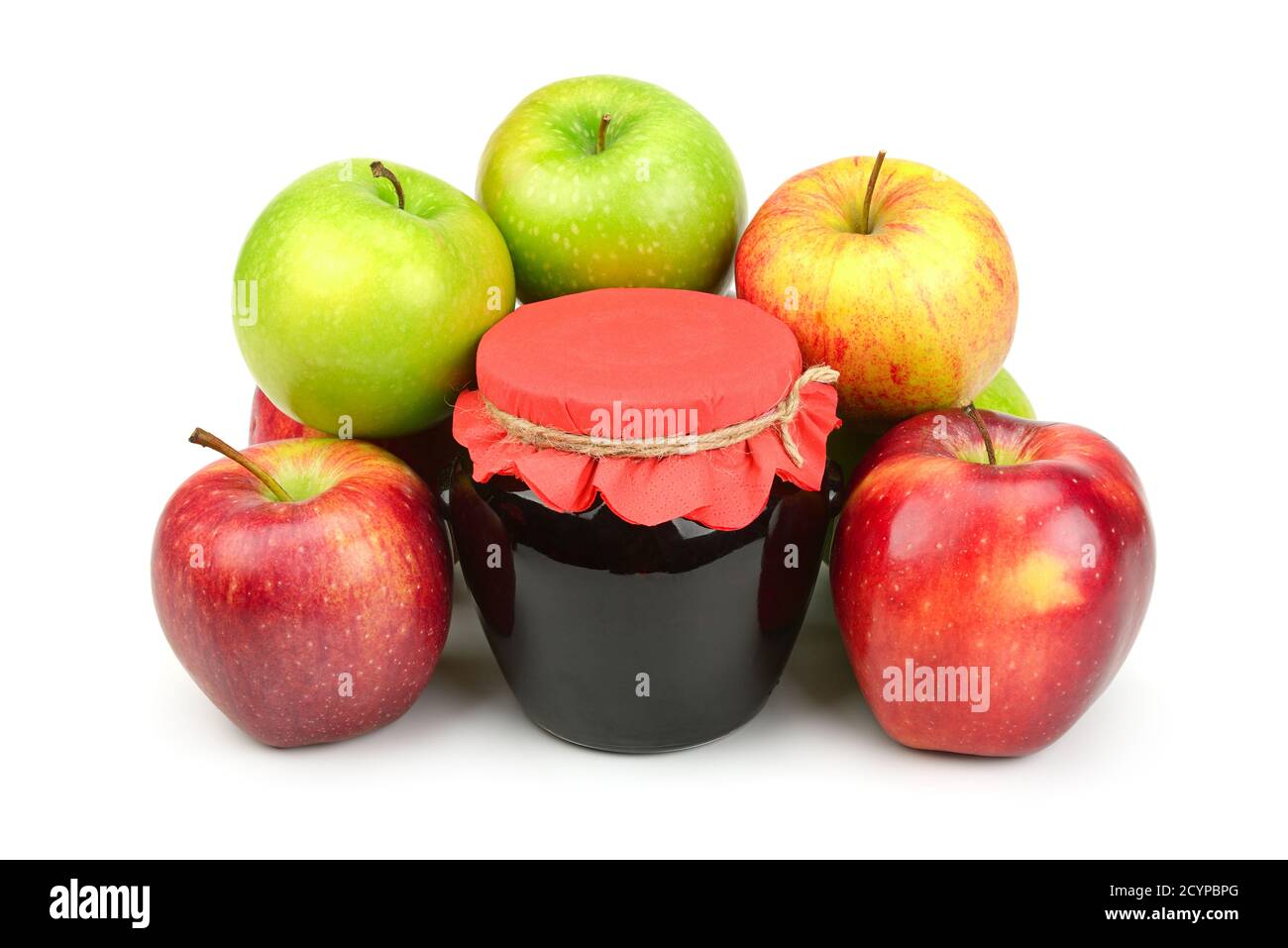 Red apples and pot of jam isolated on white background Stock Photo - Alamy