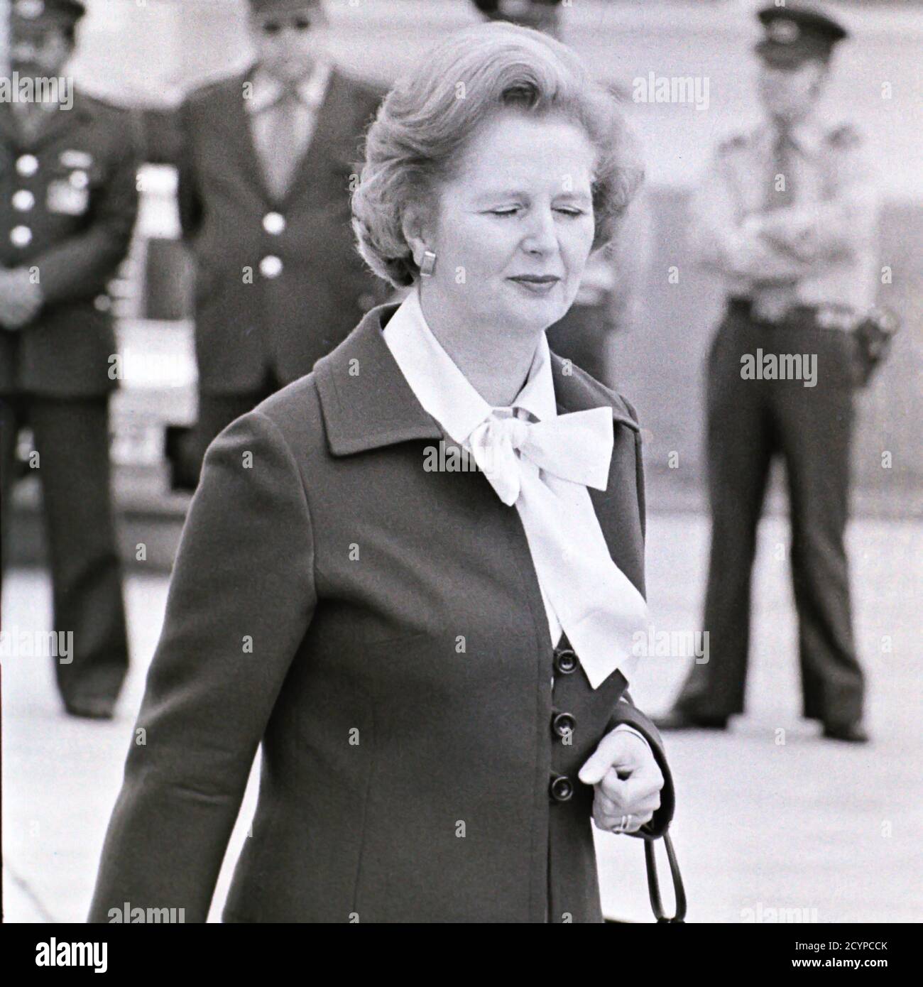 Prime Minister Margaret Thatcher arriving at London Heathrow airport ...