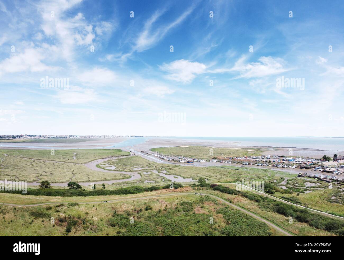 aerial view of wetland at the end of canvey island looking out towards ...