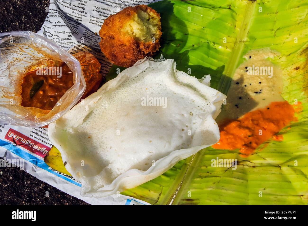 Typical Keralan breakfast: Appam rice pancake, sambar curry, vada ...