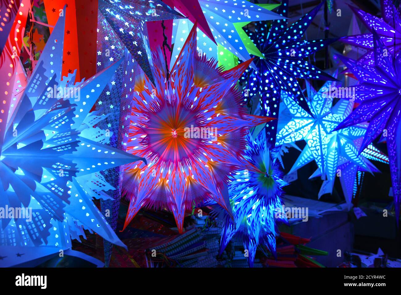 Colorful Christmas stars lighted in a Christmas market in Kerala Goa ...