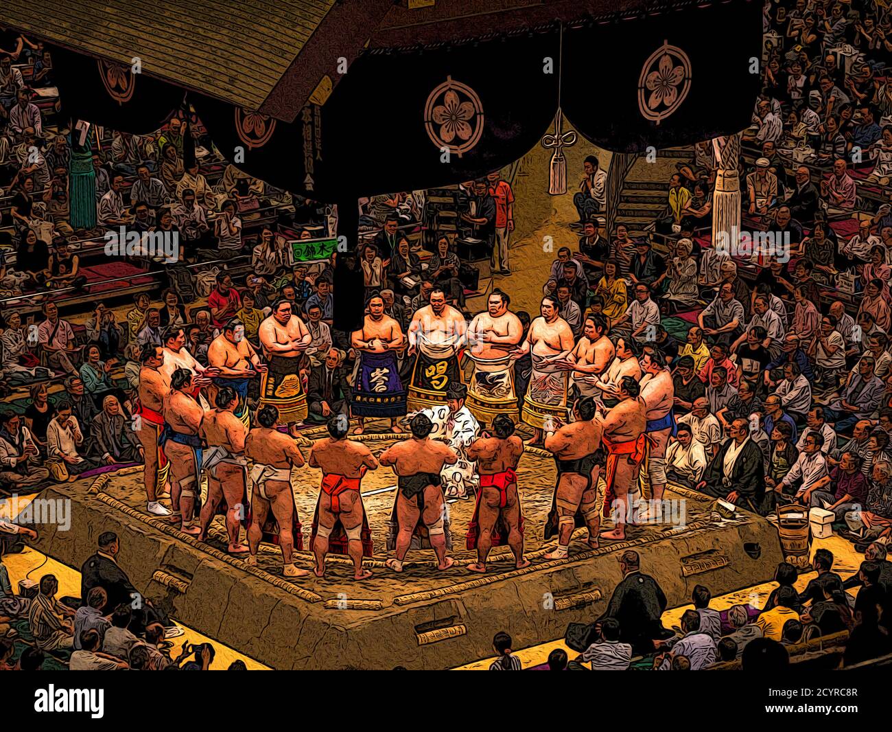 Judge and sumo wrestlers in the Tokyo Grand Sumo Tournament, Japan ...
