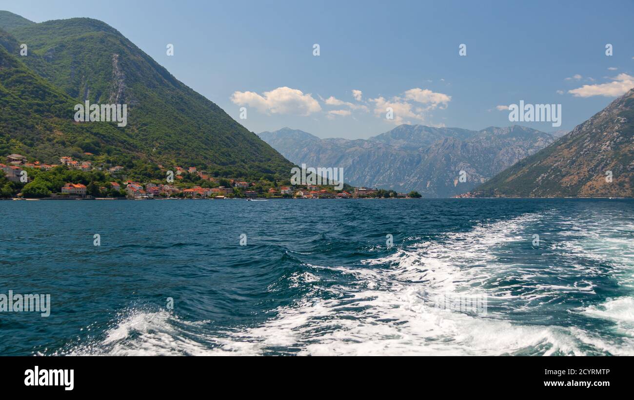 Northwest view across the Bay of Kotor towards Donji Stoliv and Perast ...