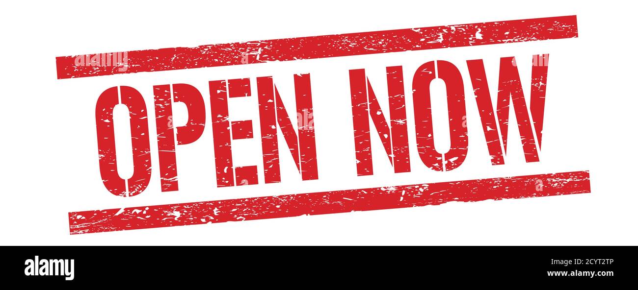 OPEN NOW text on red grungy rectangle stamp sign Stock Photo - Alamy